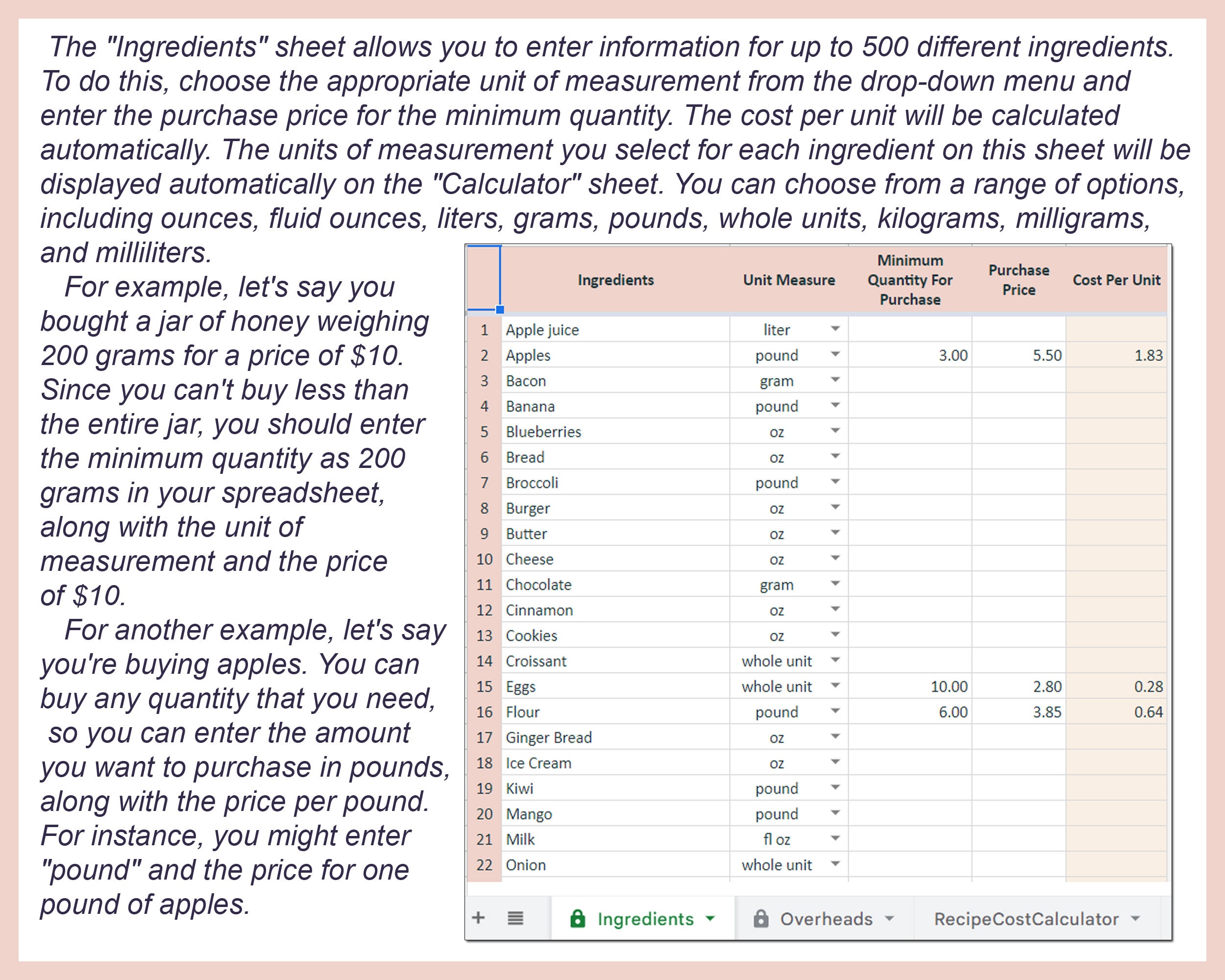 Recipe Cost Calculator Excel, Ingredient Cost, Baking Cost Formula ...