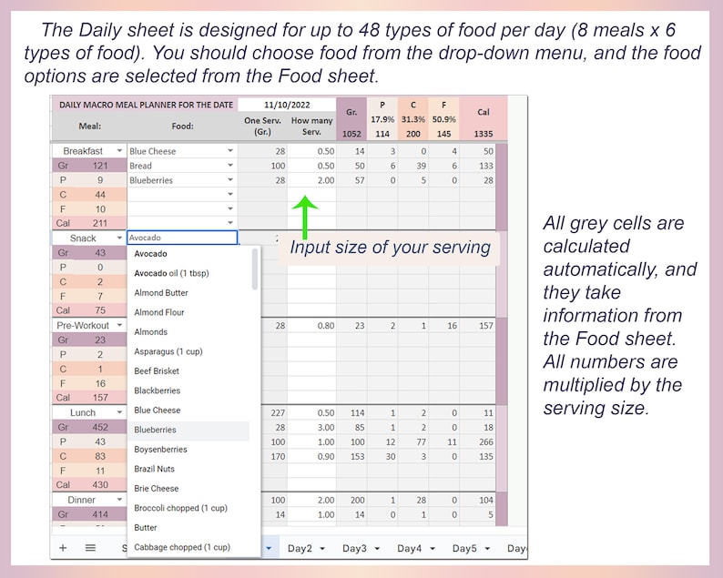 Macro Meal Planner Spreadsheet, Excel Meal Planner, Macro Diet Meal ...