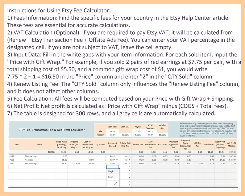 ETSY Fee Calculator Template Seller Tool Paypal Fees Tracker Net Income ...