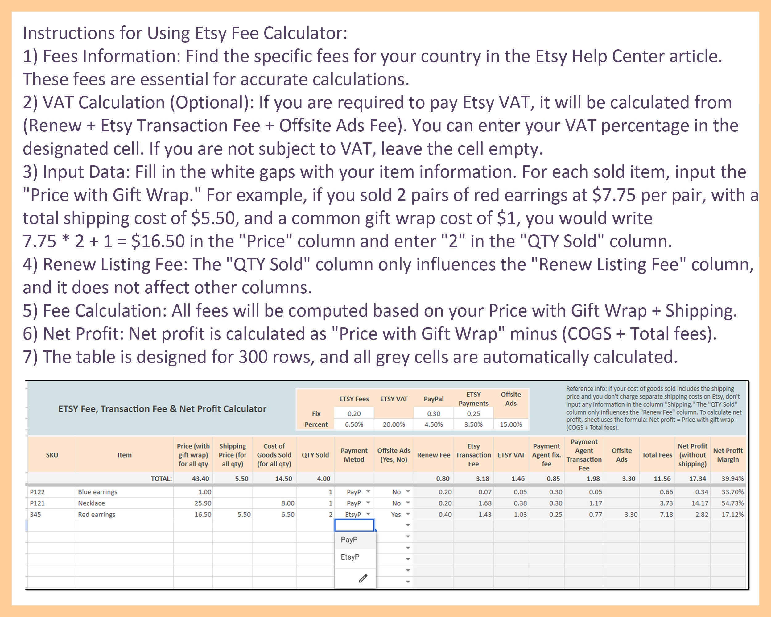 ETSY Fee Calculator Template Seller Tool Paypal Fees Tracker Net Income ...