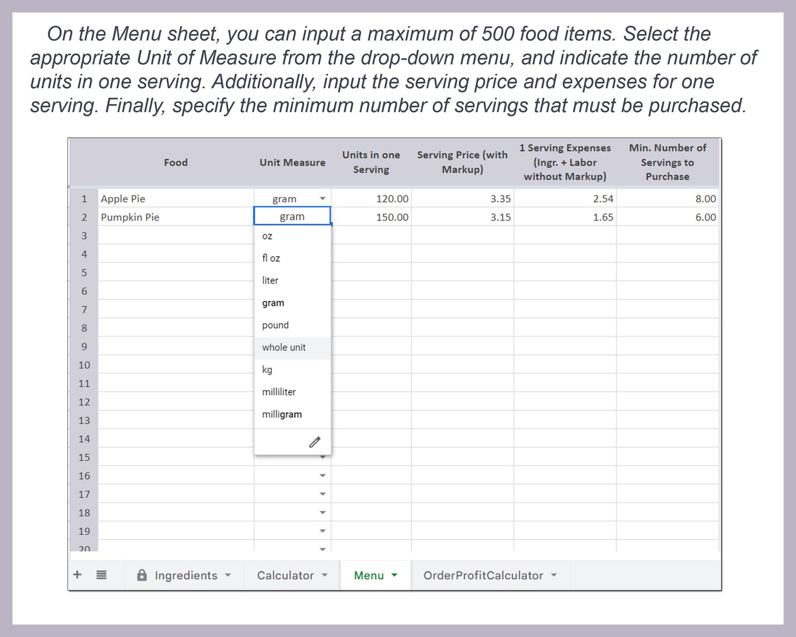 Recipe Cost Calculator Order Profit Template Baking Ingredient Formula ...
