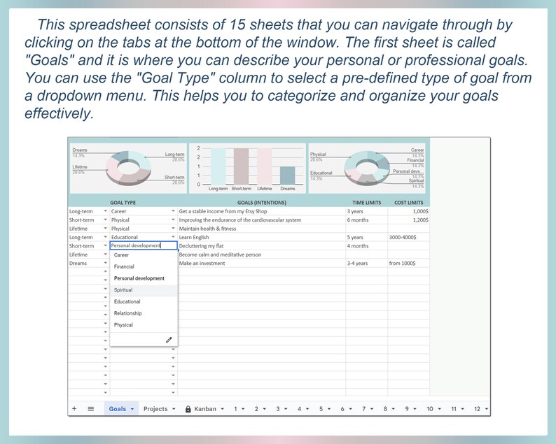 Personal Planner Spreadsheet With Goal Tracker Kanban Board Monthly To ...