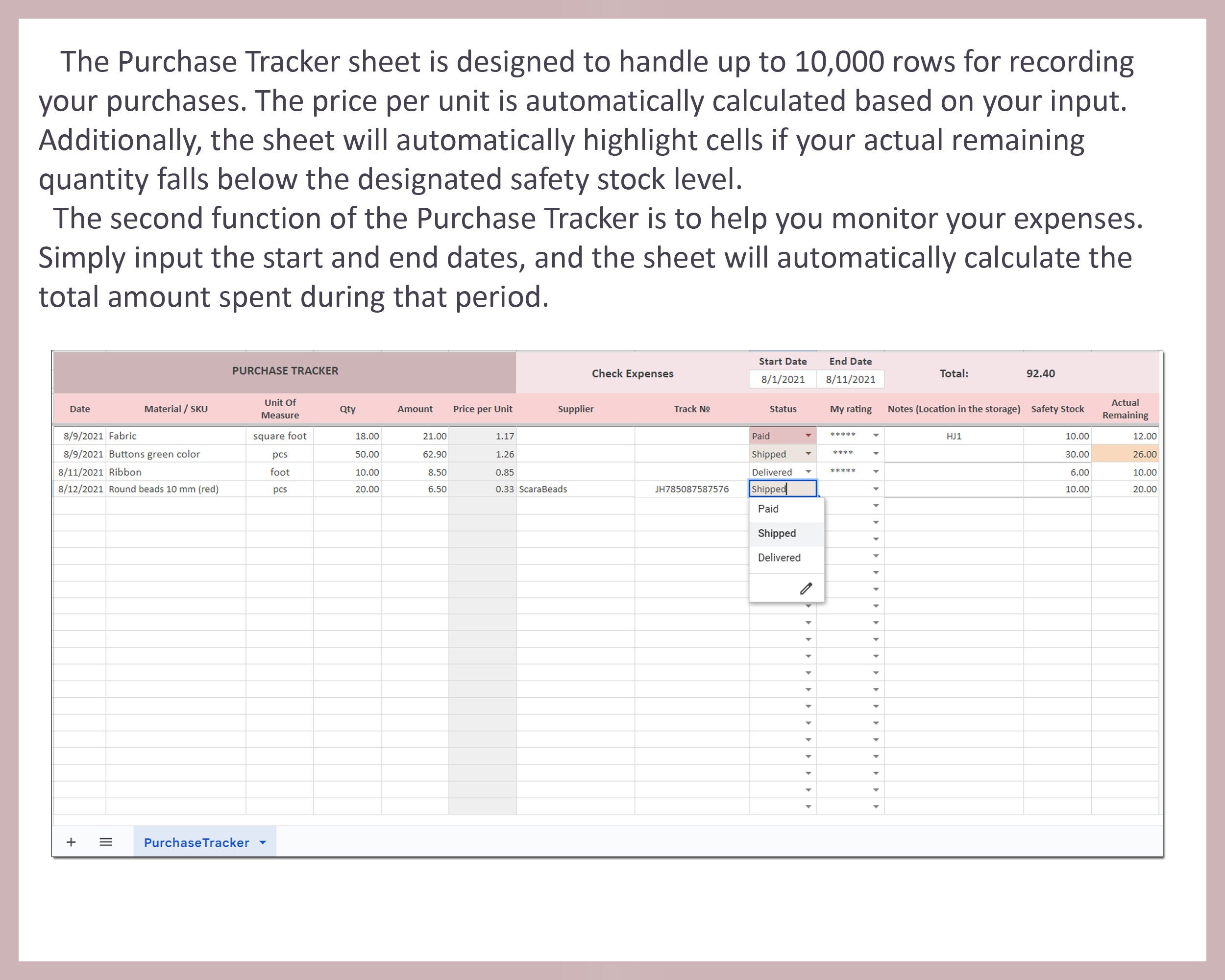 Purchase Order Tracker Purchases Tracker Purchase Order - Etsy