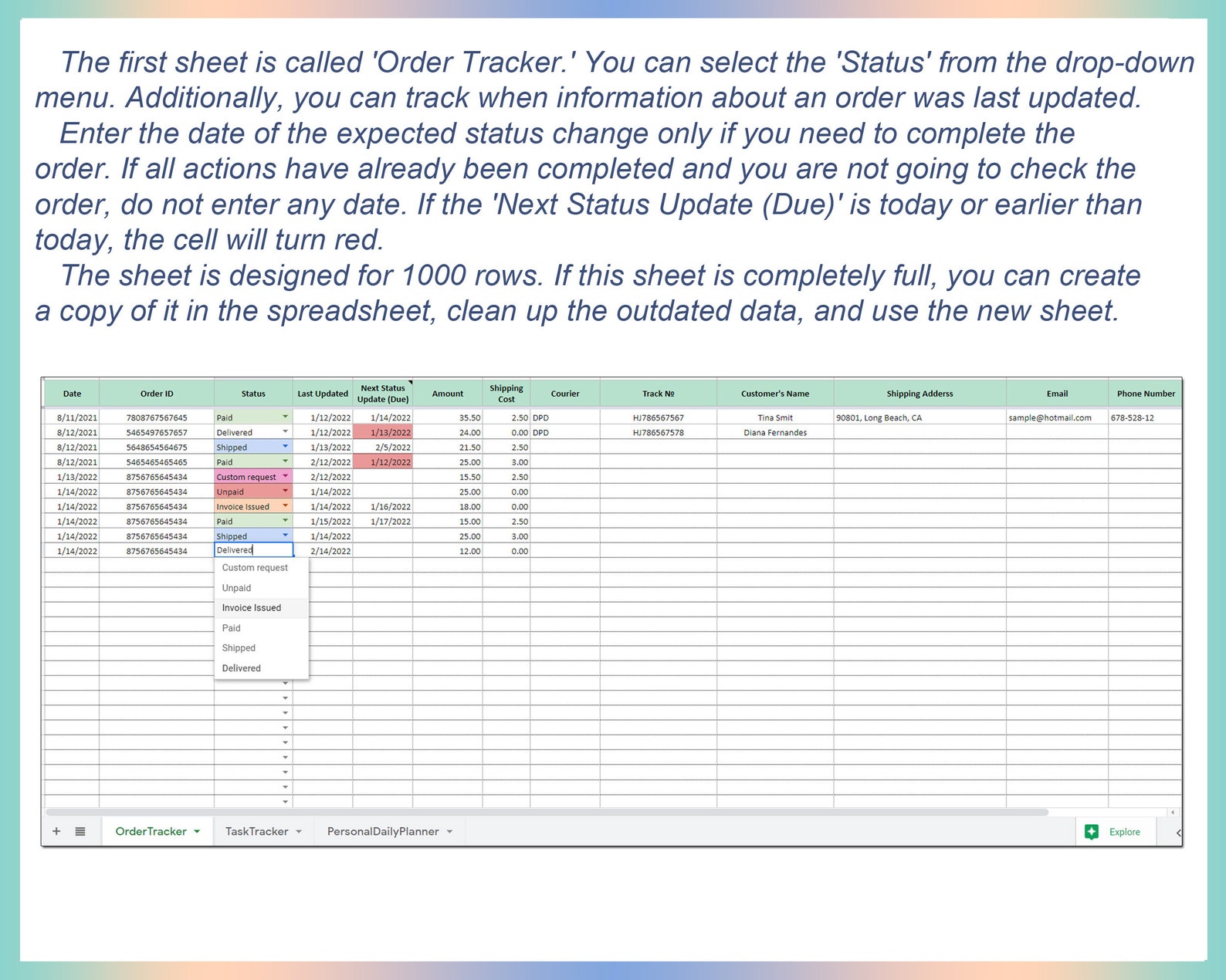 Order Tracker Spreadsheet, Order Tracking Excel Template, Shipment Tracking, Sales Order ...