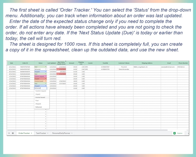 Order Tracker Spreadsheet, Order Tracking Excel Template, Shipment ...