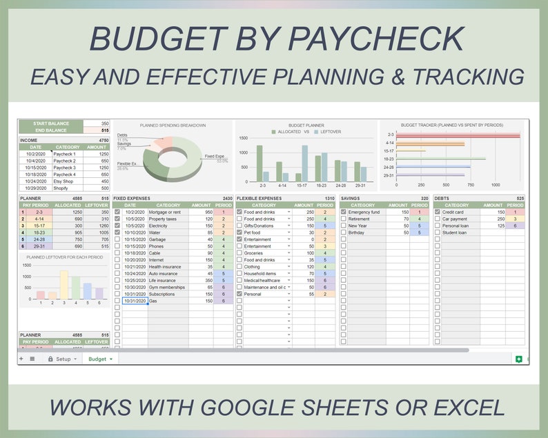 Monthly Budget by Paycheck Budget Planner Spreadsheet Budget - Etsy
