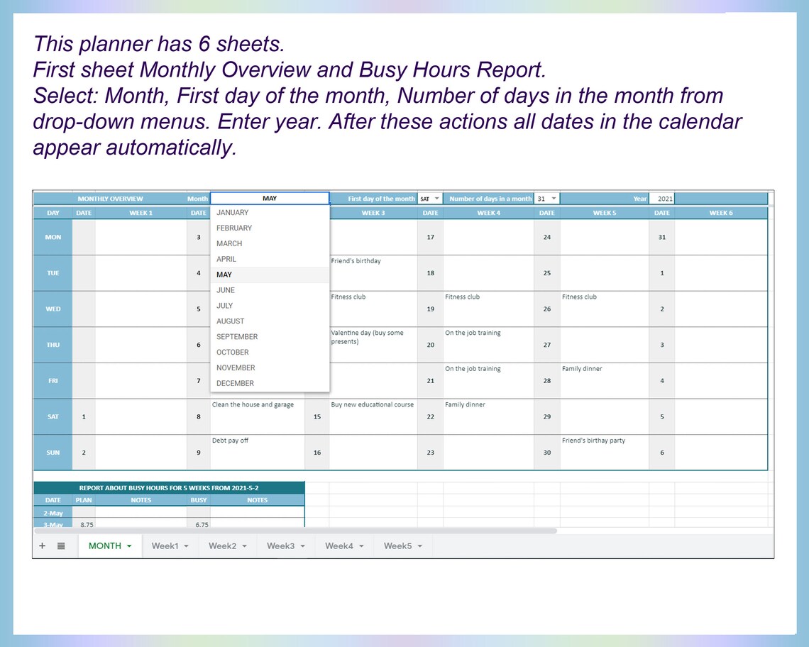 Monthly Planner Spreadsheet Weekly Hourly Calendar Weekly - Etsy UK