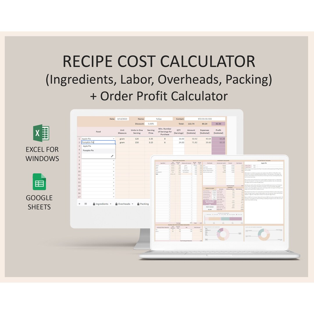 Meal Prep Cost Calculator Recipe Pricing Spreadsheet Baking Cost ...