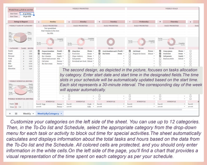 Weekly Planner Spreadsheet Template Google Sheets Excel Schedule To-do ...