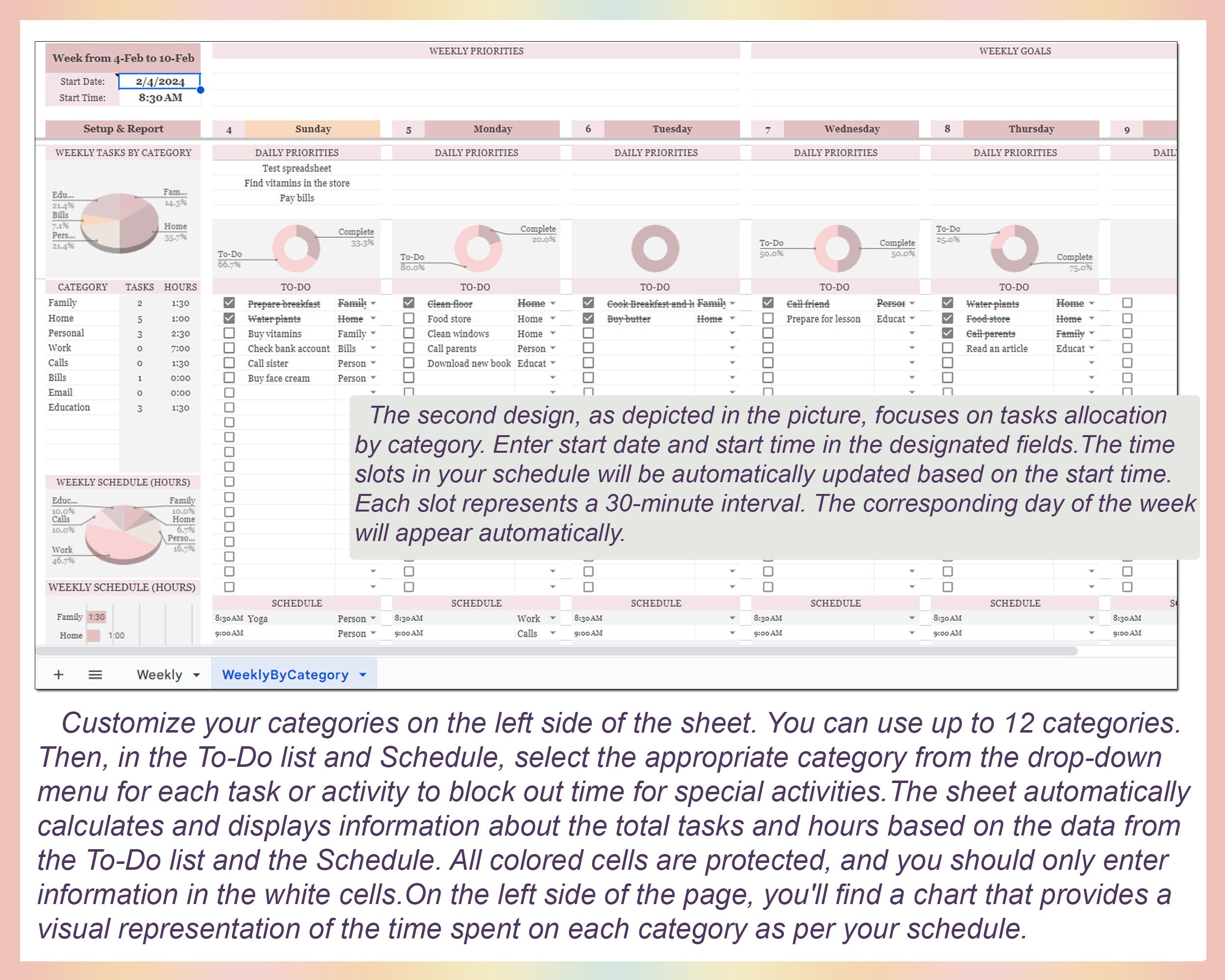 Weekly Planner Spreadsheet, Weekly Schedule Template, Weekly Schedule ...