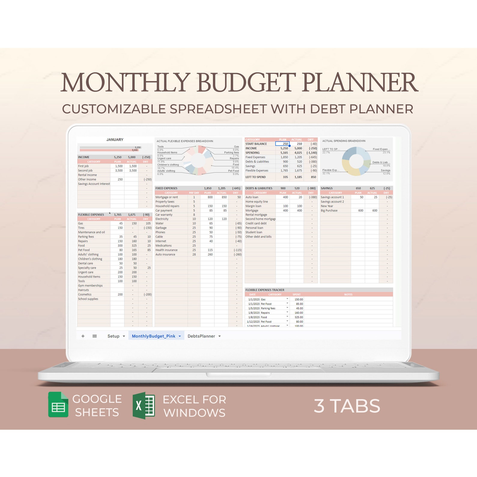 Monthly Budget Spreadsheet Template Excel Google Sheets Planner Debt ...
