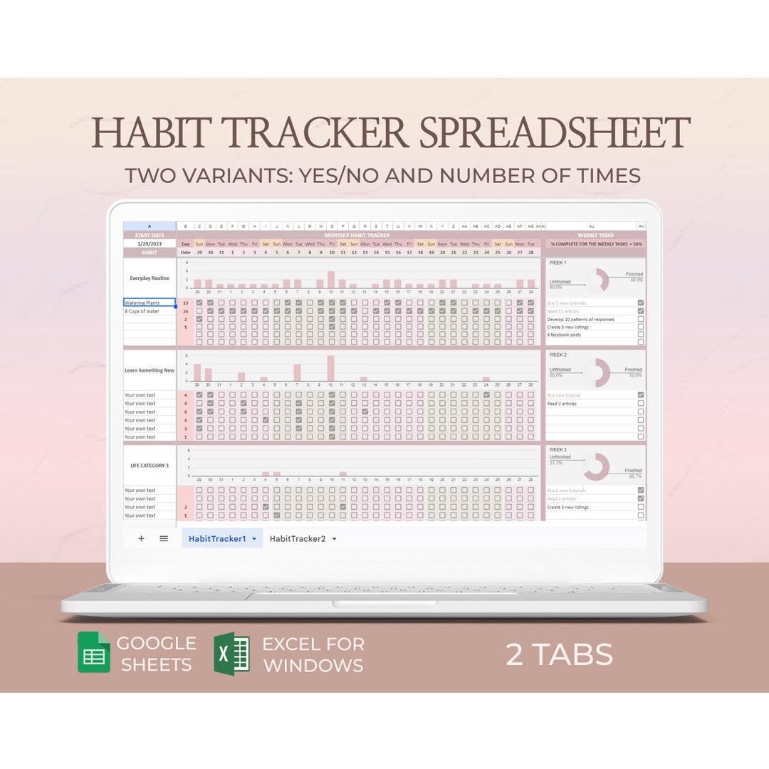 Habit Tracker Spreadsheet, Habit Tracker Template, Monthly, Weekly ...