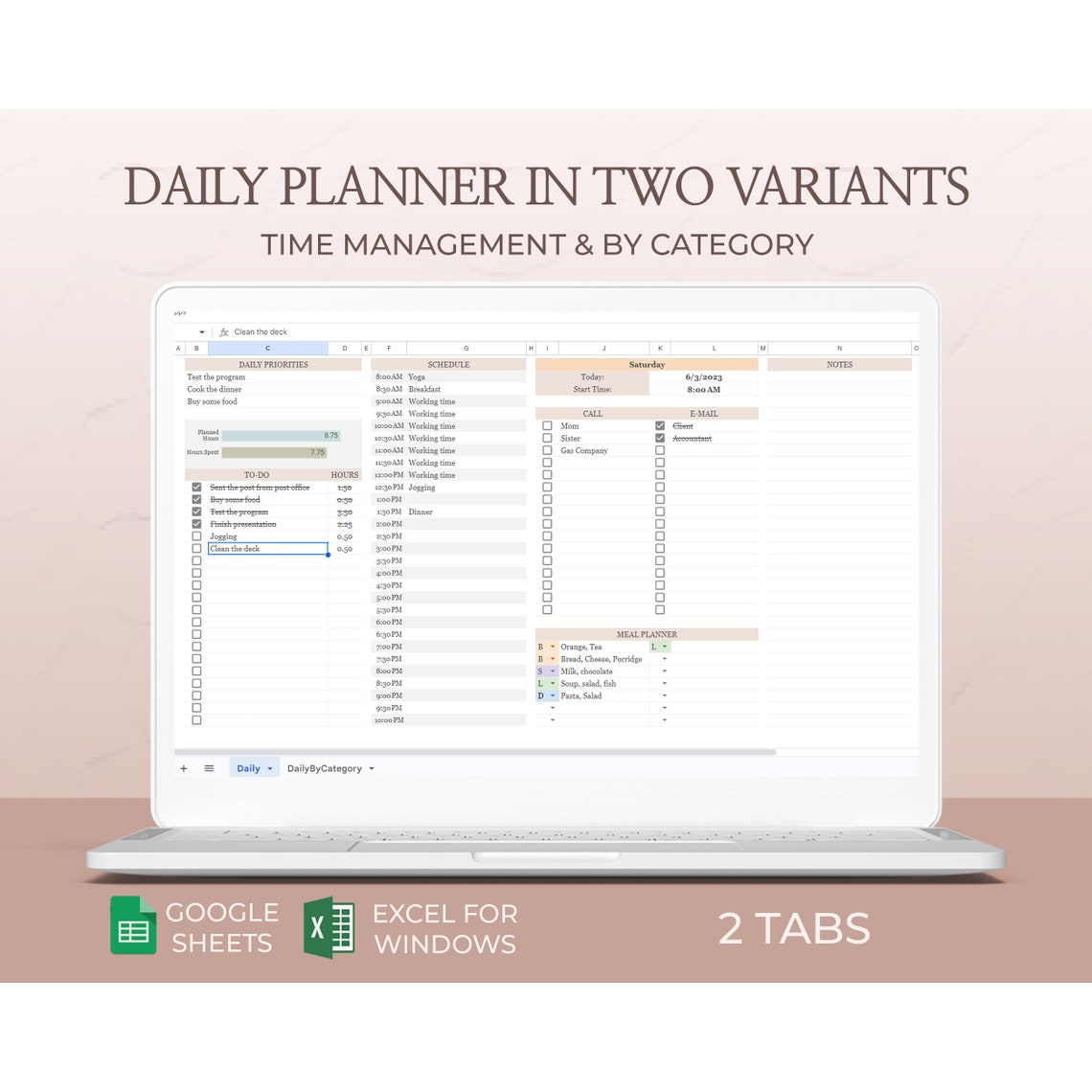 Daily Planner Excel Daily Schedule Template Daily Work Schedule Daily ...