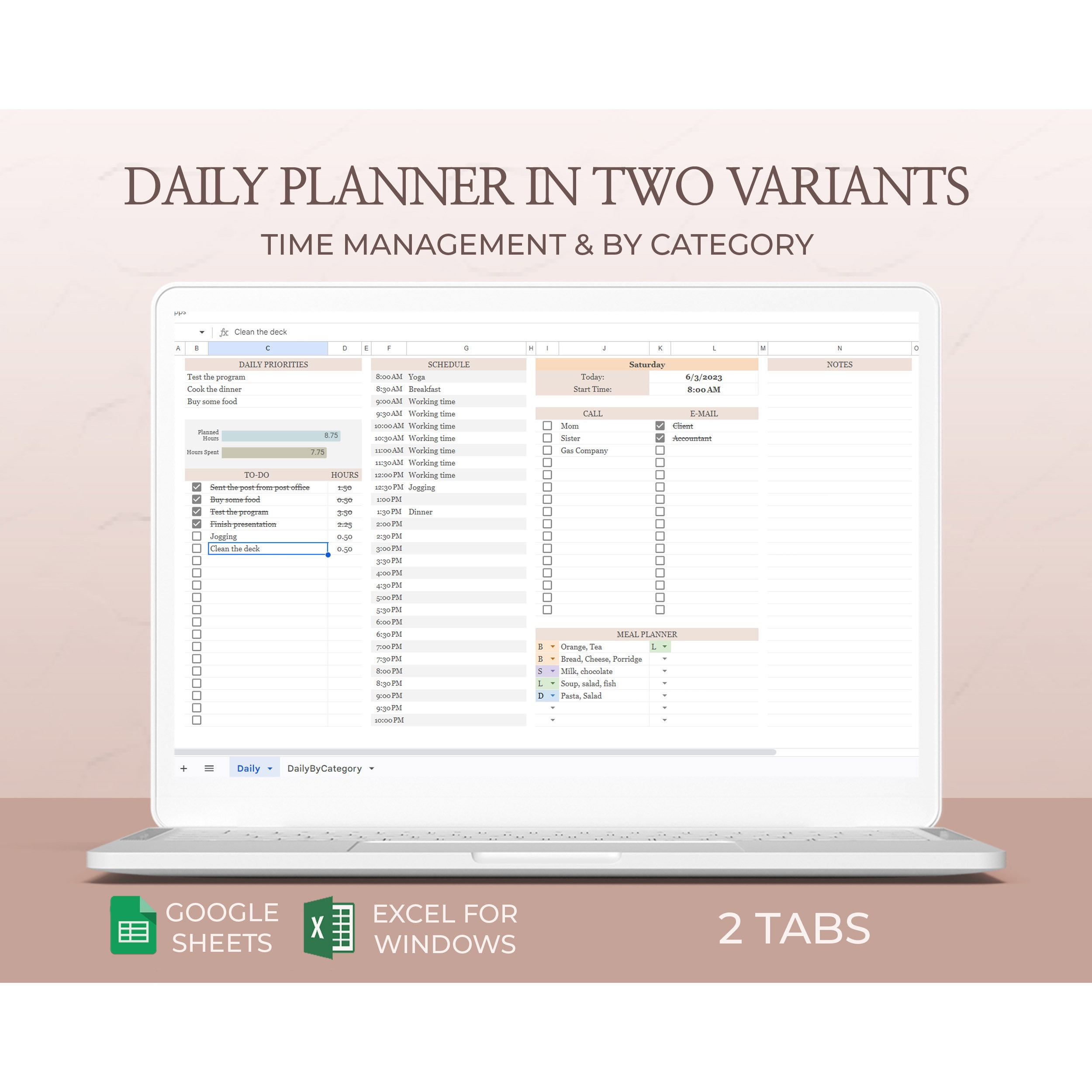 Daily Planner Excel Daily Schedule Template Daily Work Schedule Daily ...