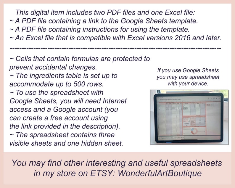 Recipe Cost Calculator Excel, Ingredient Cost, Baking Cost Formula ...