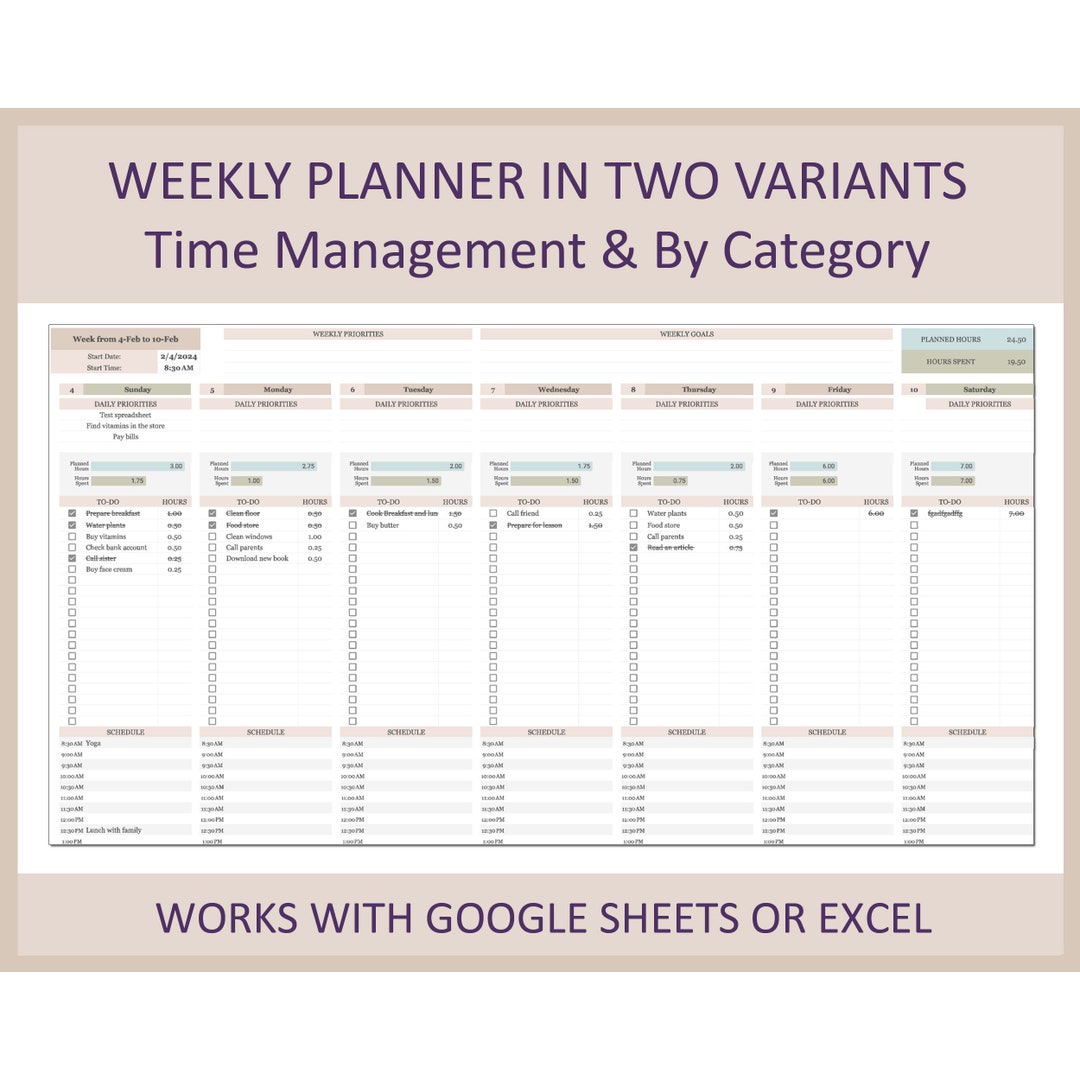Weekly Planner Spreadsheet, Weekly Schedule Template, Weekly Schedule ...