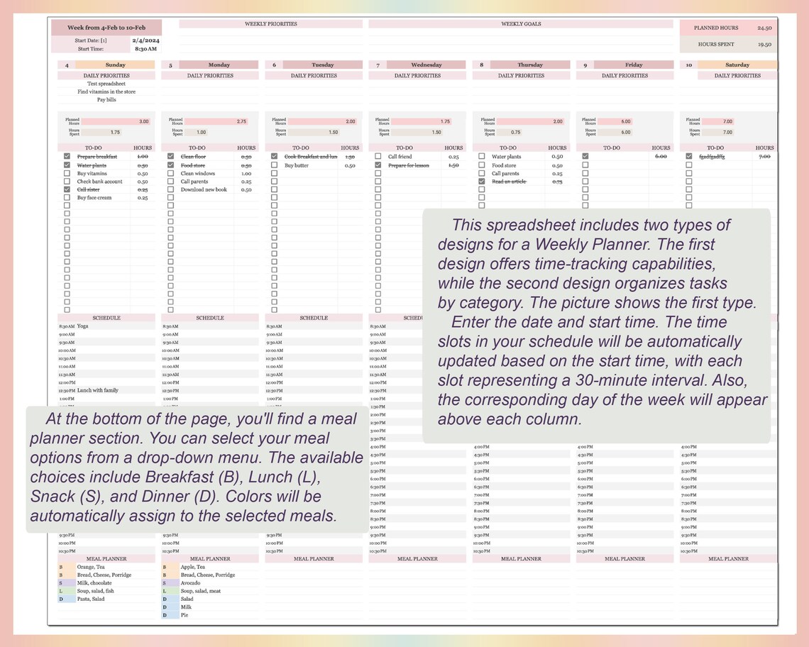 Weekly Planner Spreadsheet, Weekly Schedule Template, Weekly Schedule ...