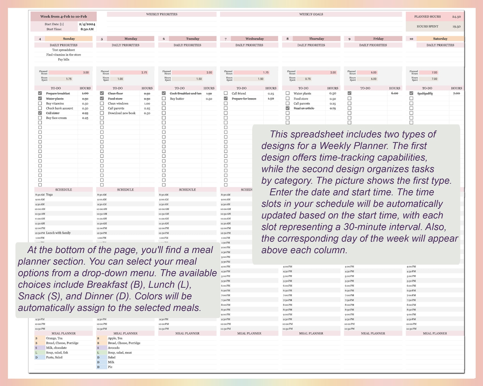 Weekly Planner Spreadsheet, Weekly Schedule Template, Weekly Schedule ...