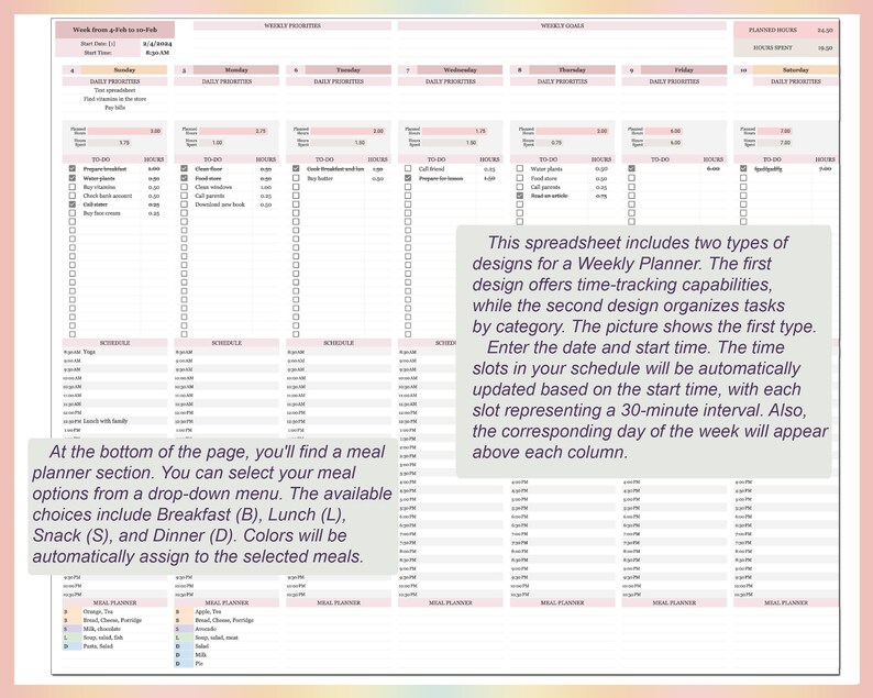 Weekly Planner Spreadsheet Template Google Sheets Excel Schedule To-do ...