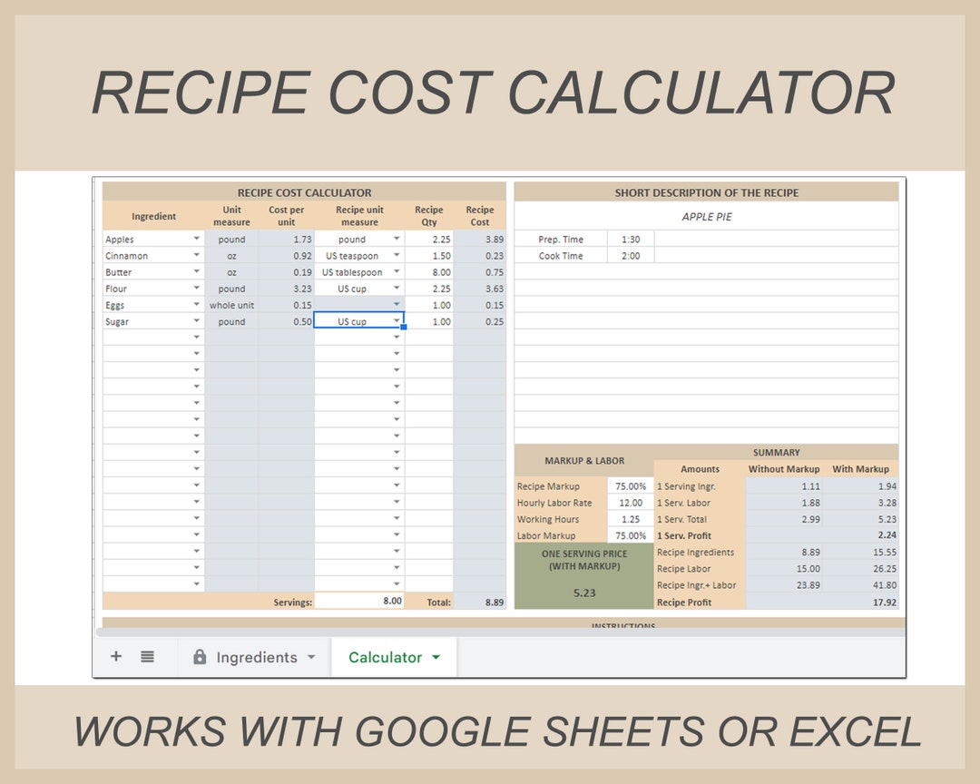 Recipe Cost Calculator Cake Pricing Calculator Recipe - Etsy