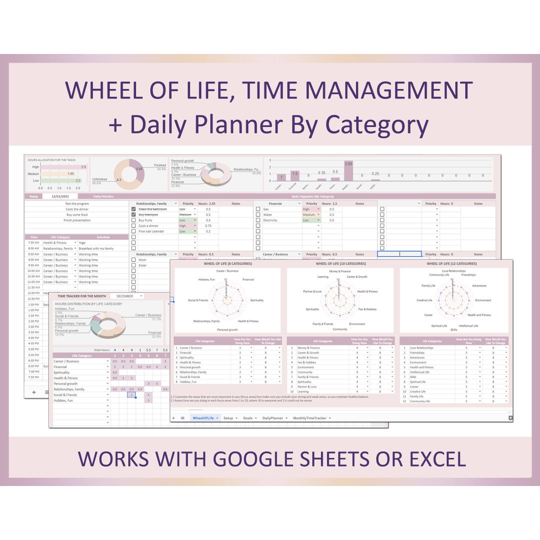 Life Wheel Daily Planner Sheet Life Balance Wheel Daily Hourly Planner ...