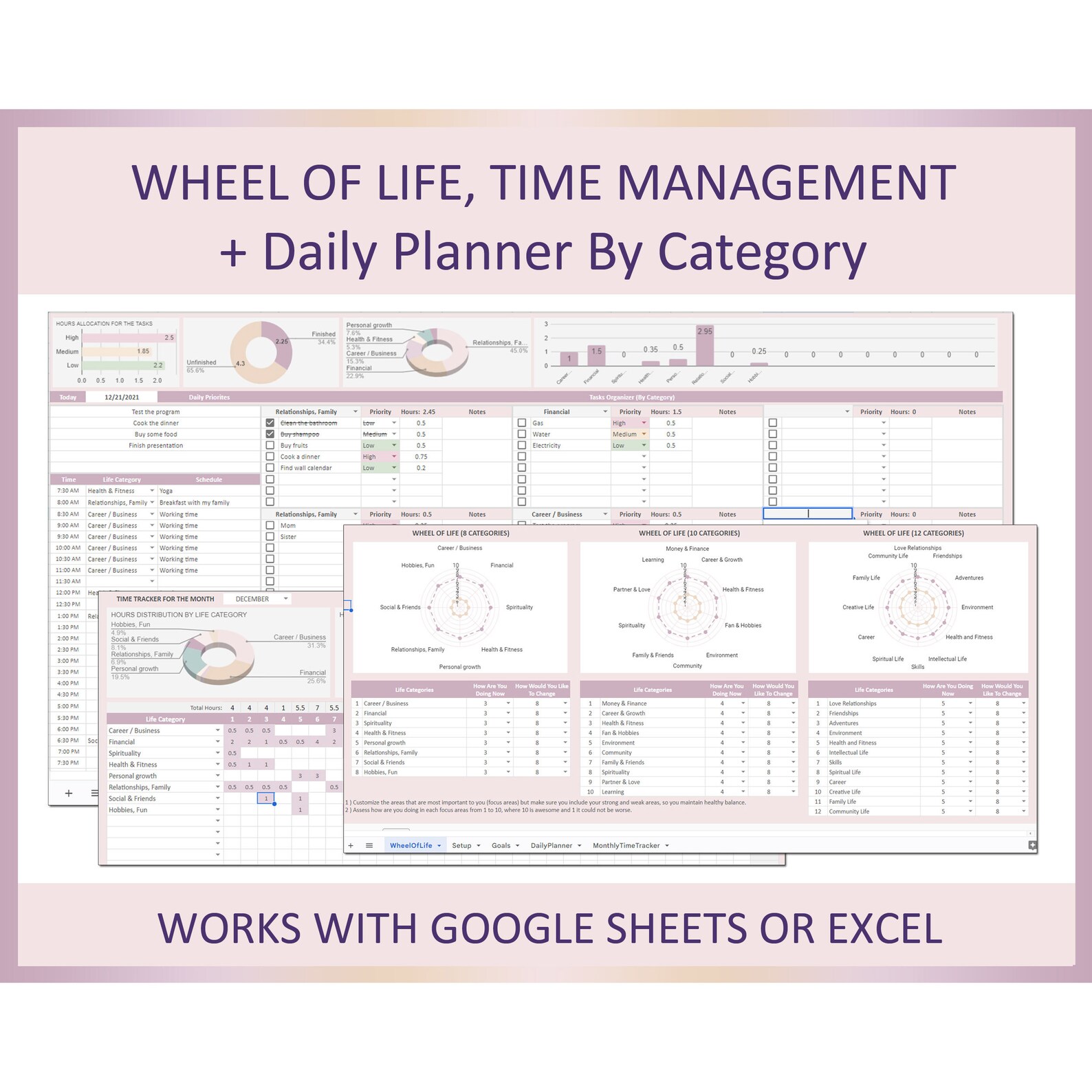 Life Wheel Daily Planner Sheet Life Balance Wheel Daily Hourly Planner ...