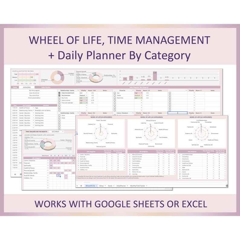 Life Wheel Daily Planner Sheet Life Balance Wheel Daily Hourly Planner ...