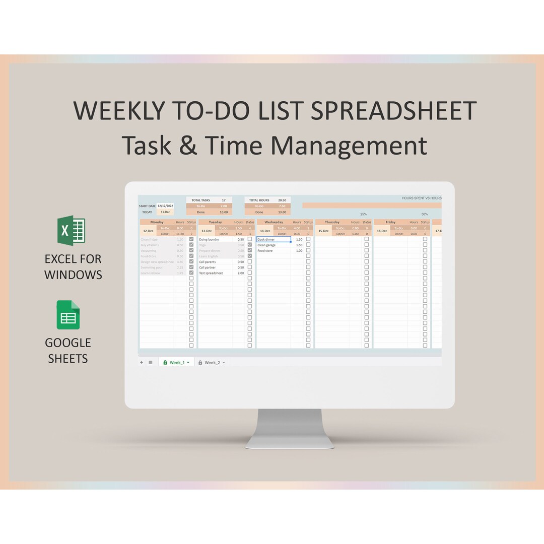 Weekly To-do List Template Time Management Planner Task Tracker Excel ...