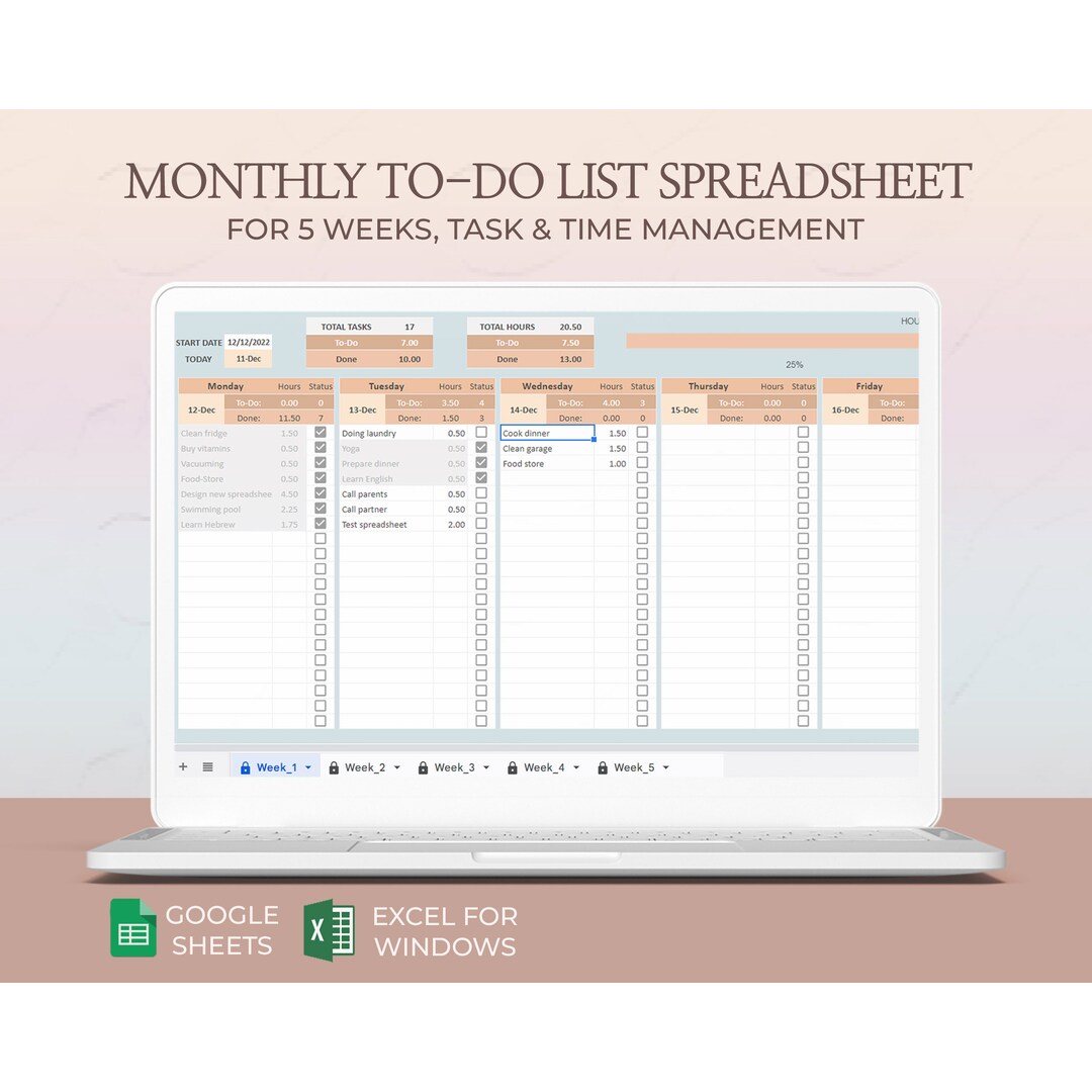 Monthly To-do List, Check List Excel, Work Hours Planner, Weekly to Do ...