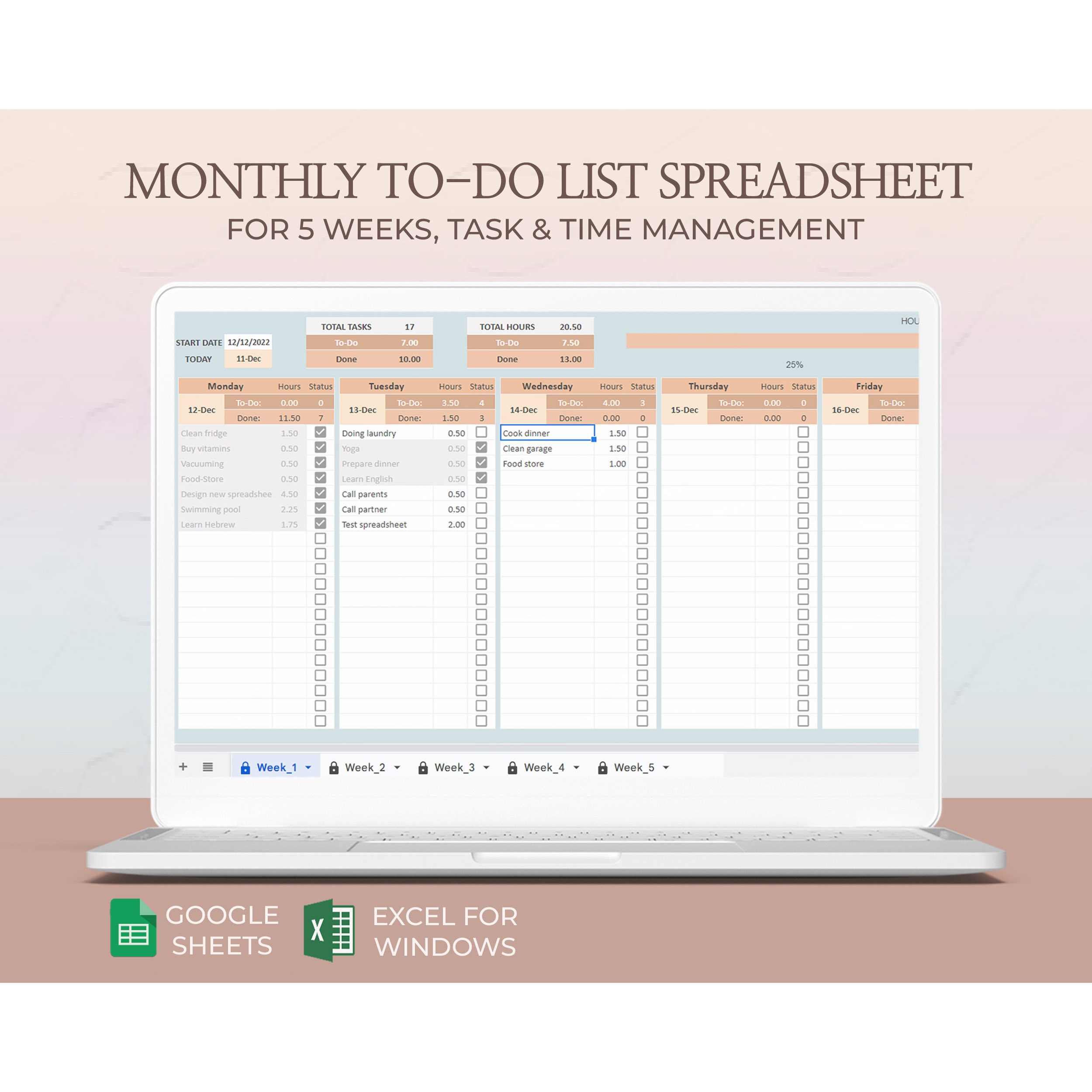 Monthly To-do List, Check List Excel, Work Hours Planner, Weekly to Do ...
