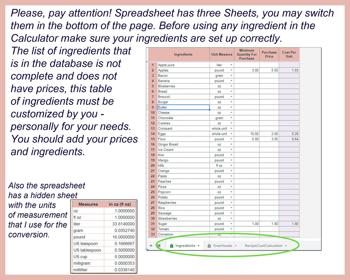 Recipe Costing Template Recipe Cost Calculator Cake Pricing - Etsy