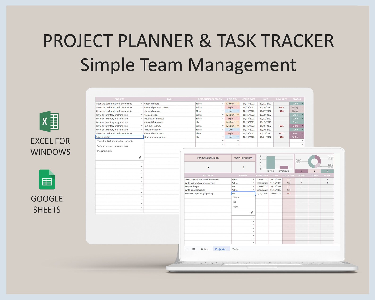 Task Management Project Planner Spreadsheet Team Management - Etsy