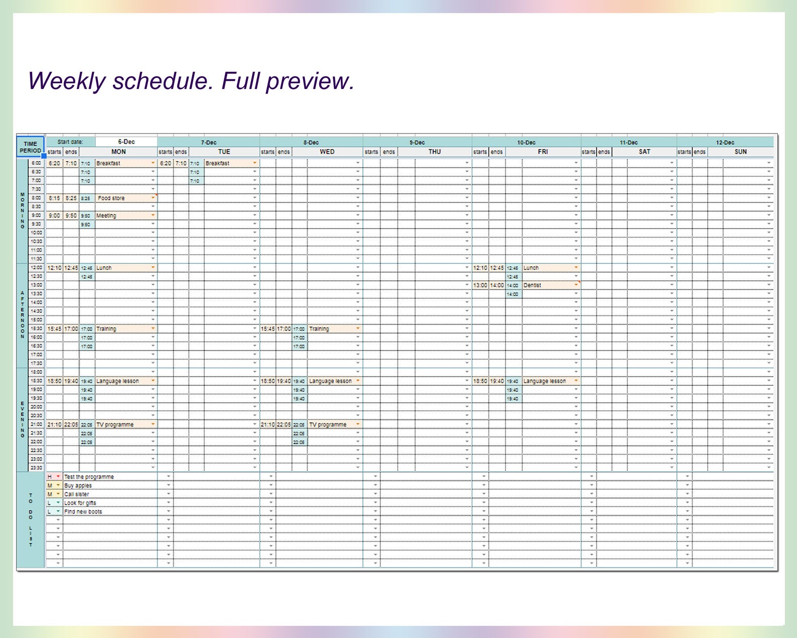 Weekly schedule digital Weekly planner digital To do list | Etsy