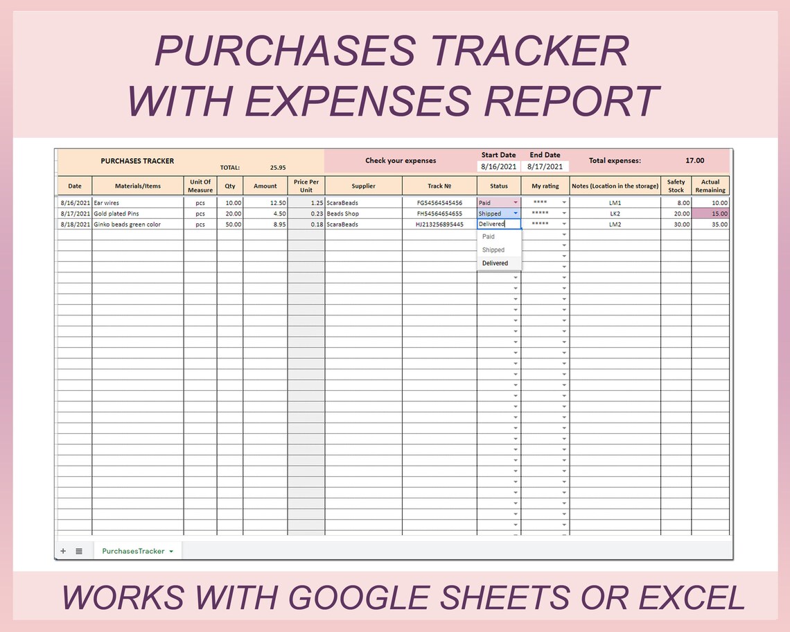 Purchases Tracker Purchase Order Tracker Purchase Order | Etsy