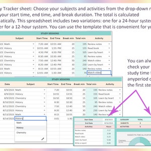 Student Planner Spreadsheet Study Time Tracker Digital Homework ...