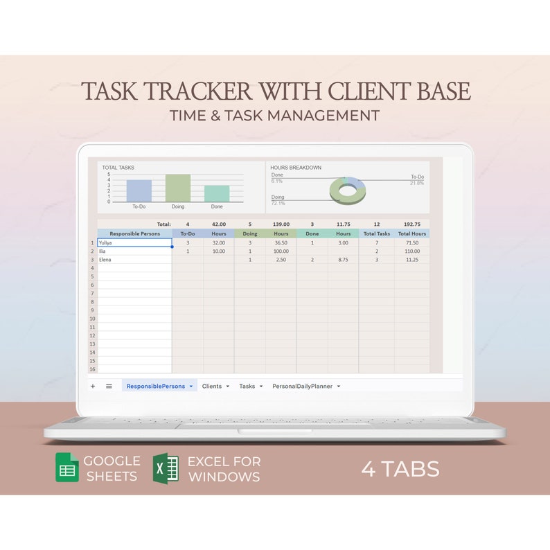 Client Base With Task Tracker, Client Tracker Excel, Work Task Planner ...