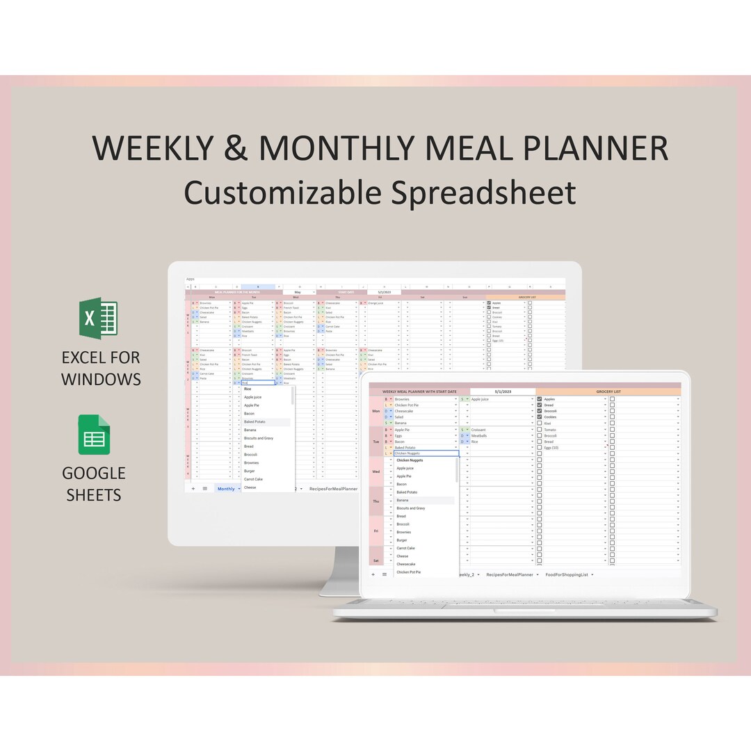 Weekly Meal Planner Template With Monthly Menu Spreadsheet Grocery List ...