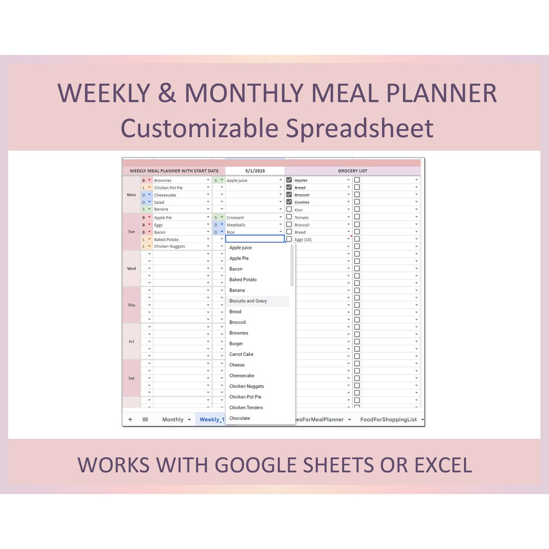 Digital Meal Planner Excel Template Weekly Monthly Menu Organizer ...