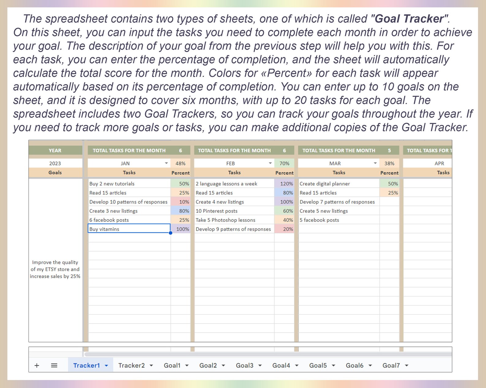 Goal Planner Spreadsheet for SMART Goals Monthly Tracker Life Planning ...