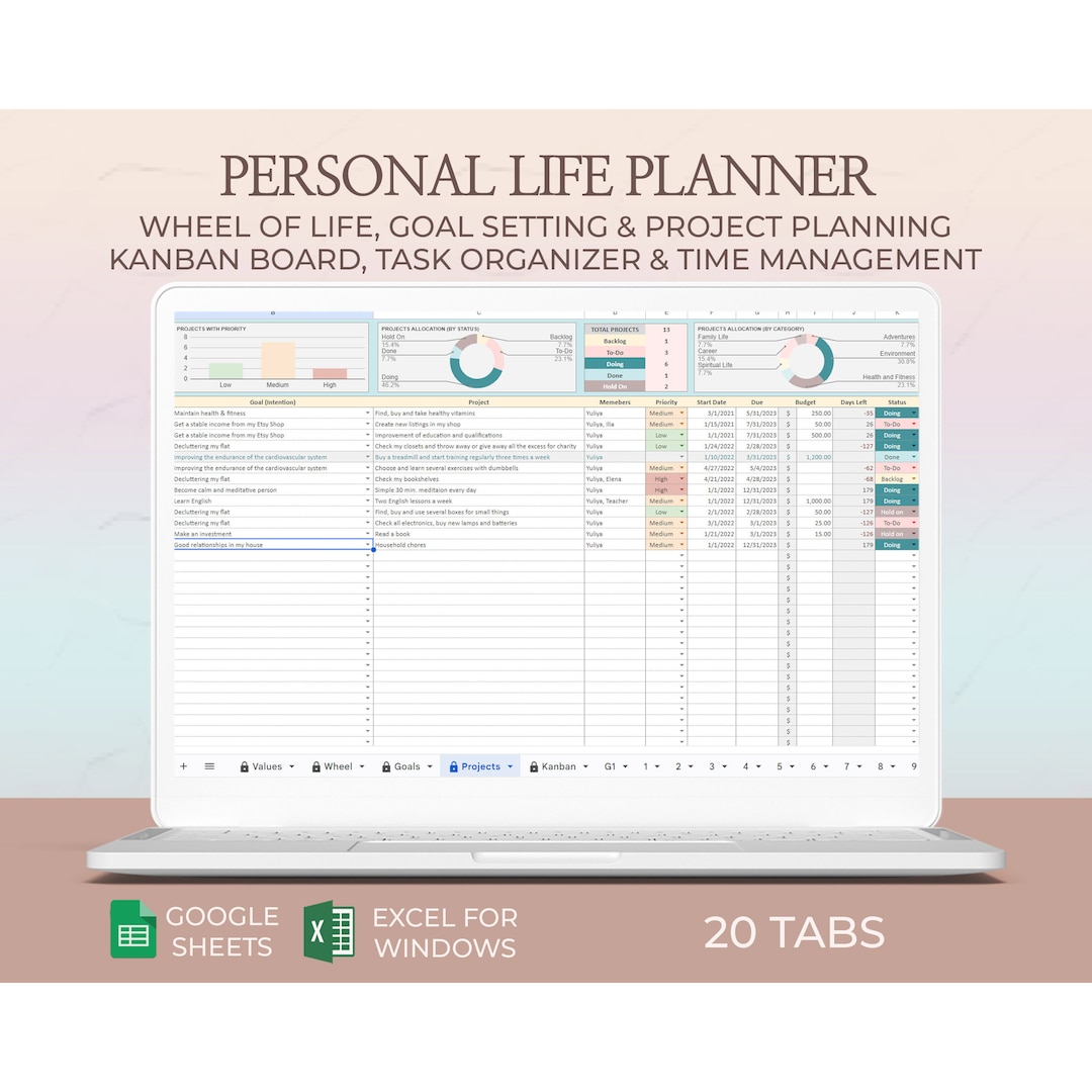 Life Planner Excel, Goal Setting, Project Planner Template, Kanban ...