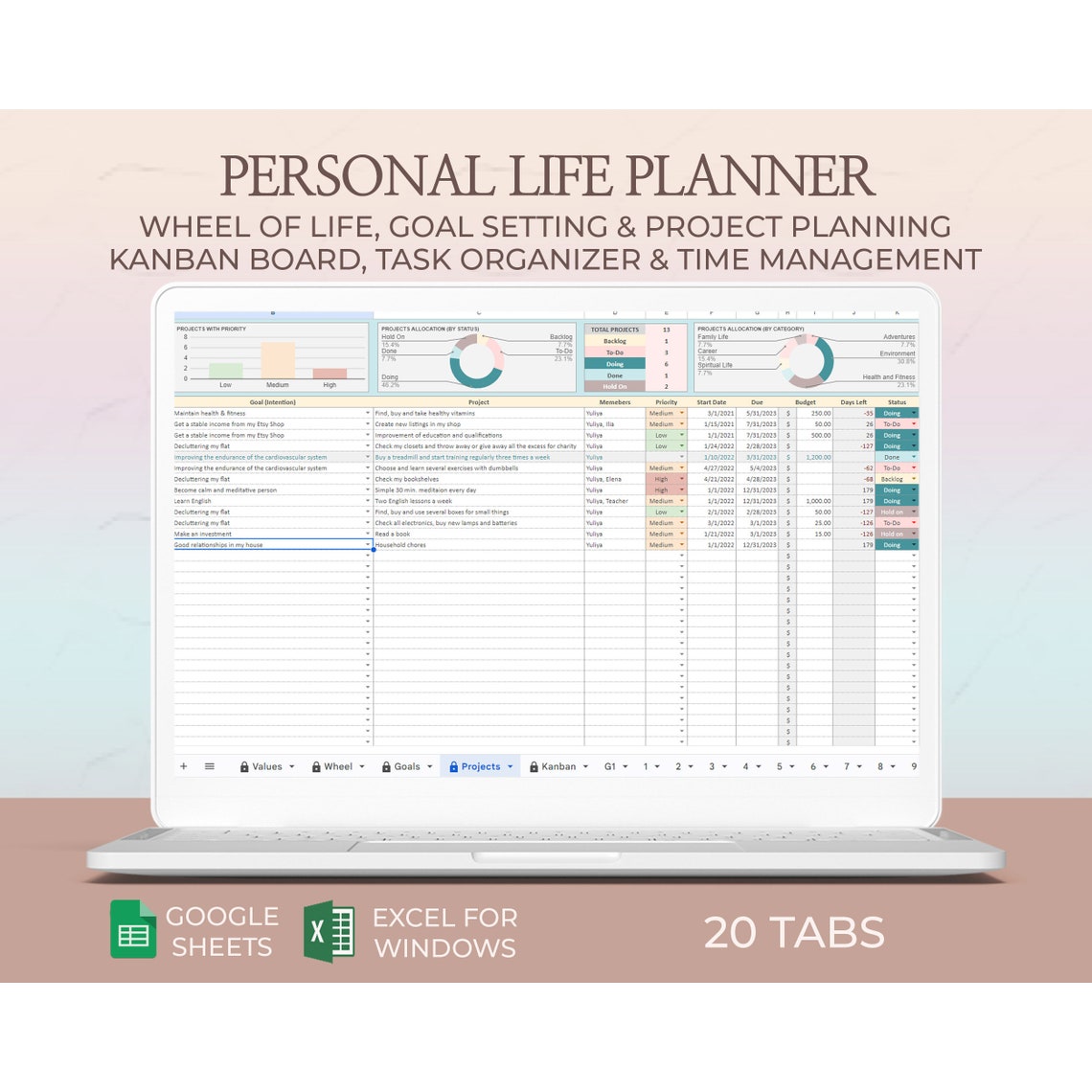 Life Planner Excel Goal Setting Project Planner (Instant Download) - Etsy