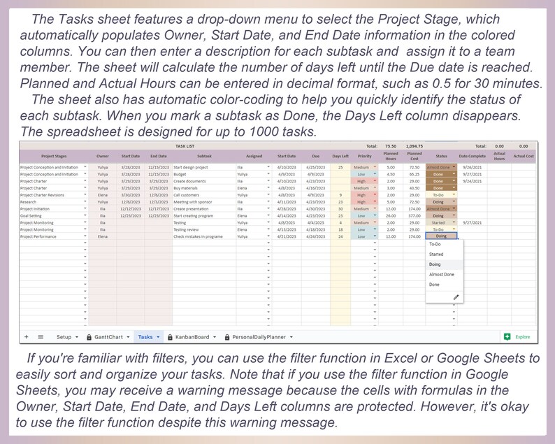 Project Planner Spreadsheet, Easy Project Planning, Kanban Board, Task ...