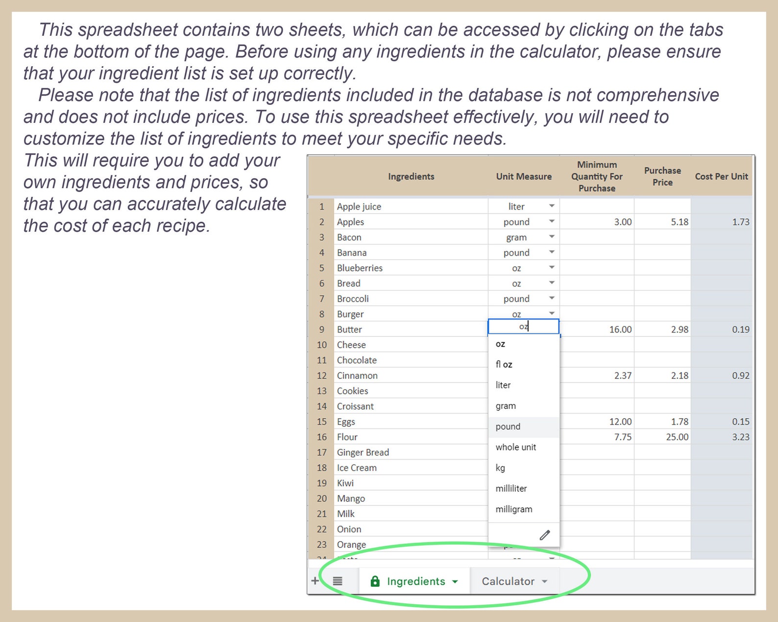 Recipe Cost Calculator Excel Template Cake Pricing Formula Baking ...