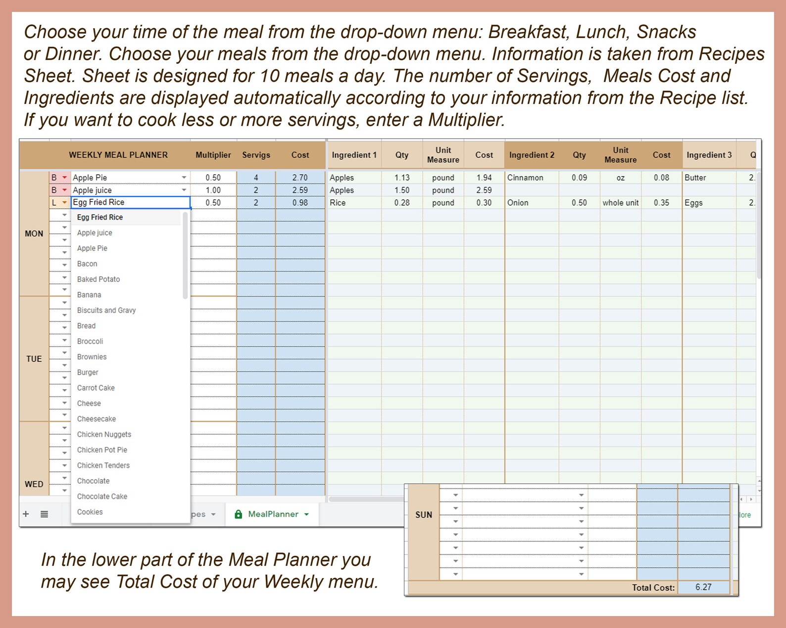 Meal planner digital Recipe cost calculator Grocery planner | Etsy