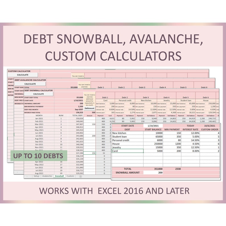 Debt Snowball Avalanche Calculator Spreadsheet Excel Template Worksheet ...