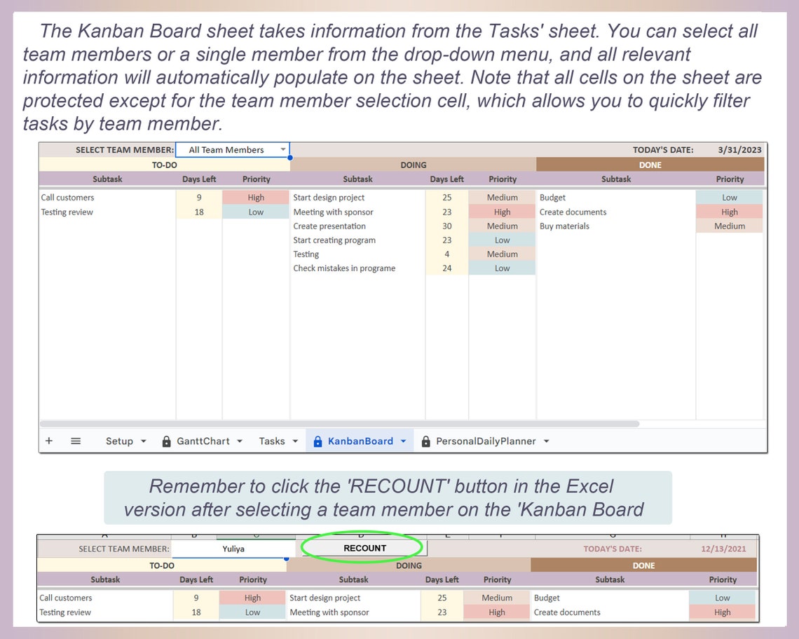 Project Planner Spreadsheet, Easy Project Planning, Kanban Board, Task ...