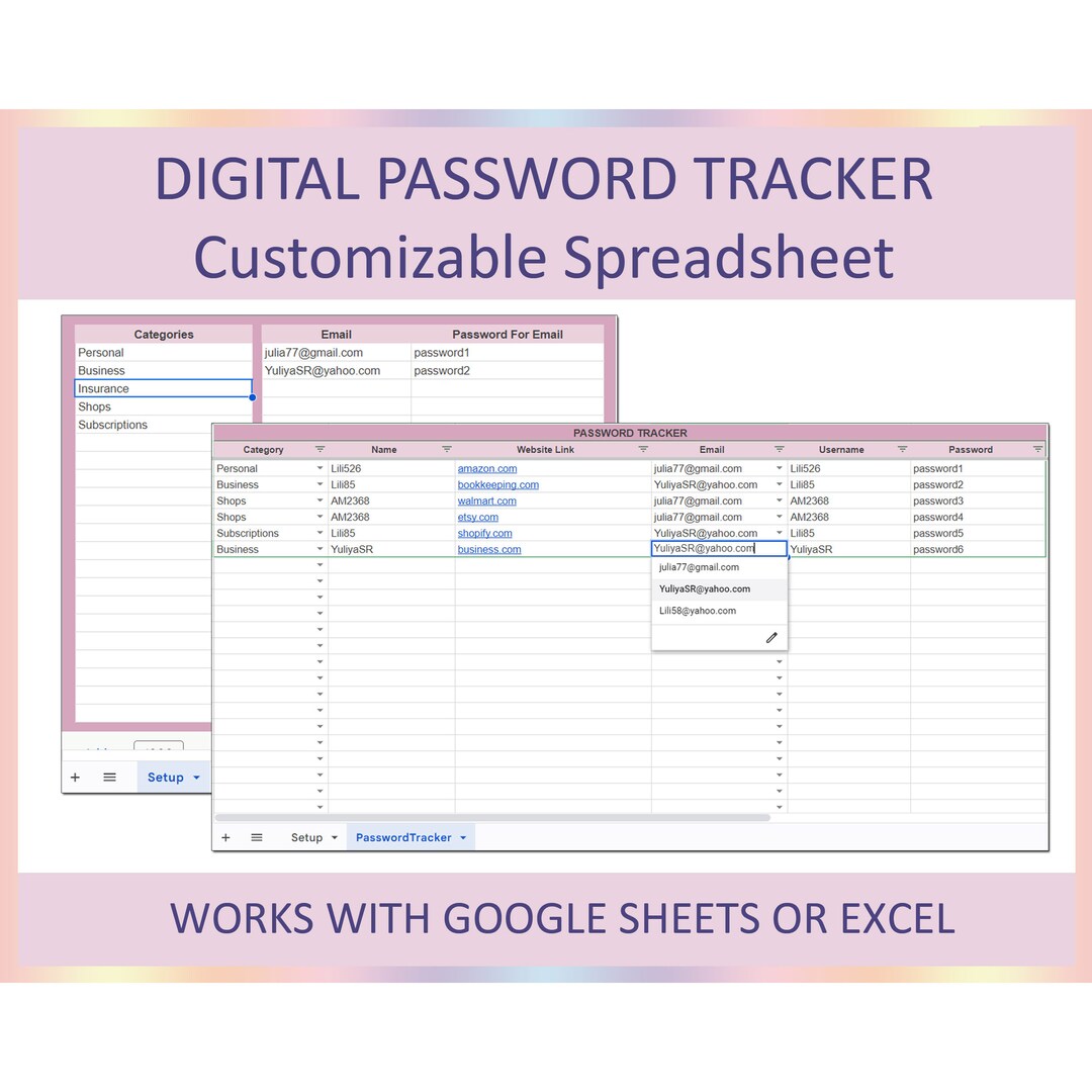 Password Tracker Template Spreadsheet Excel Google Sheets Digital Log ...