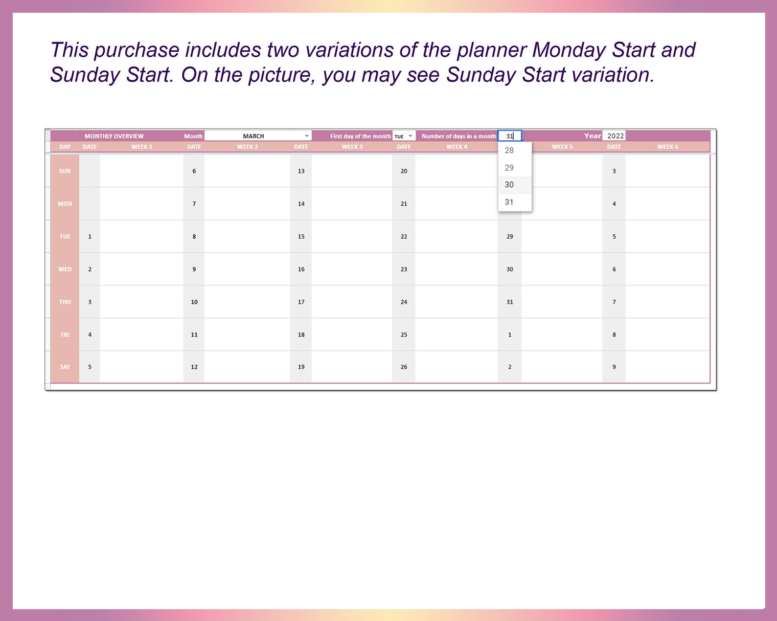 Monthly Planner Spreadsheet Task Management Personal Tasks | Etsy