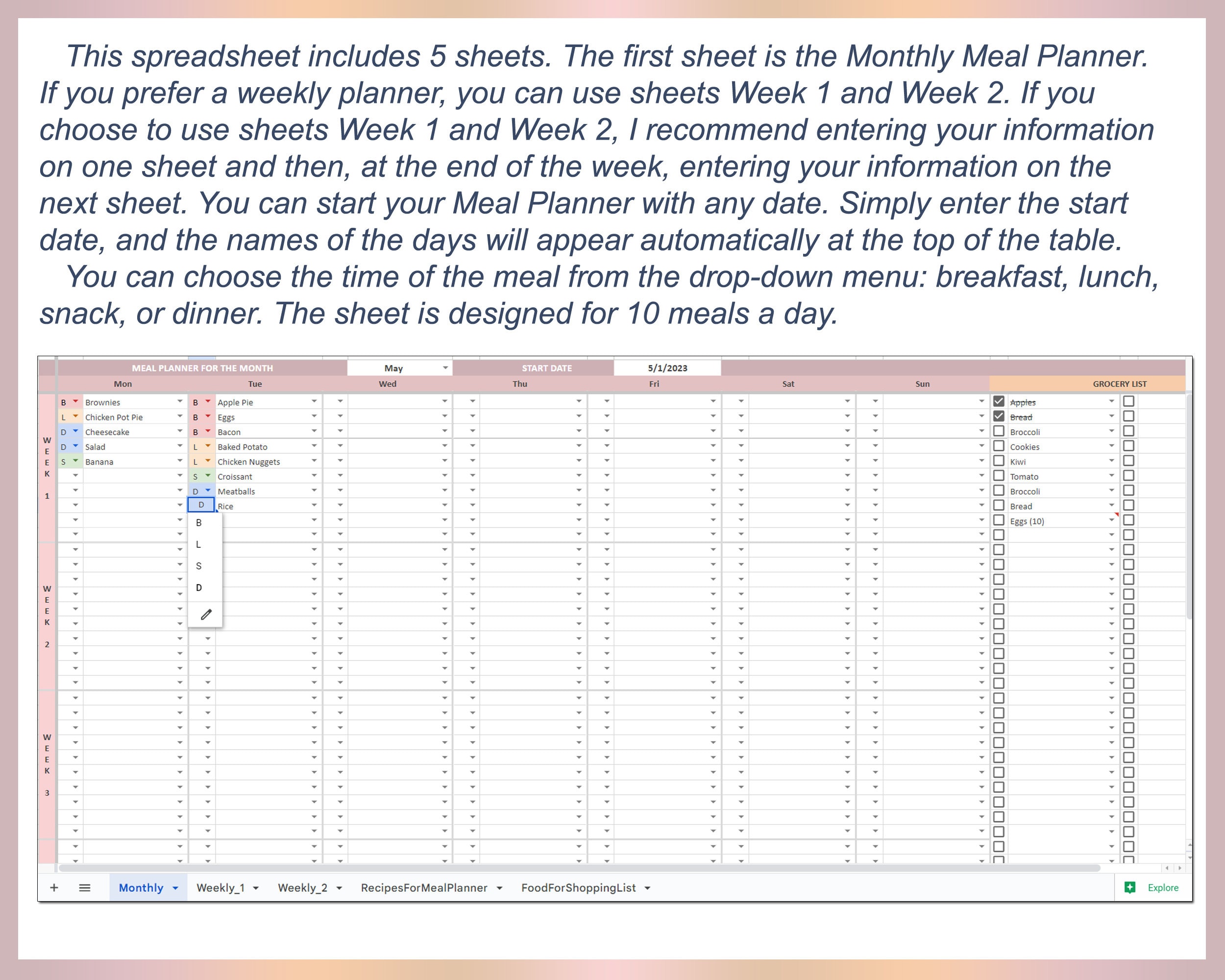Excel Meal Planner, Grocery List, Simple Meal Planner, Meal Planner ...