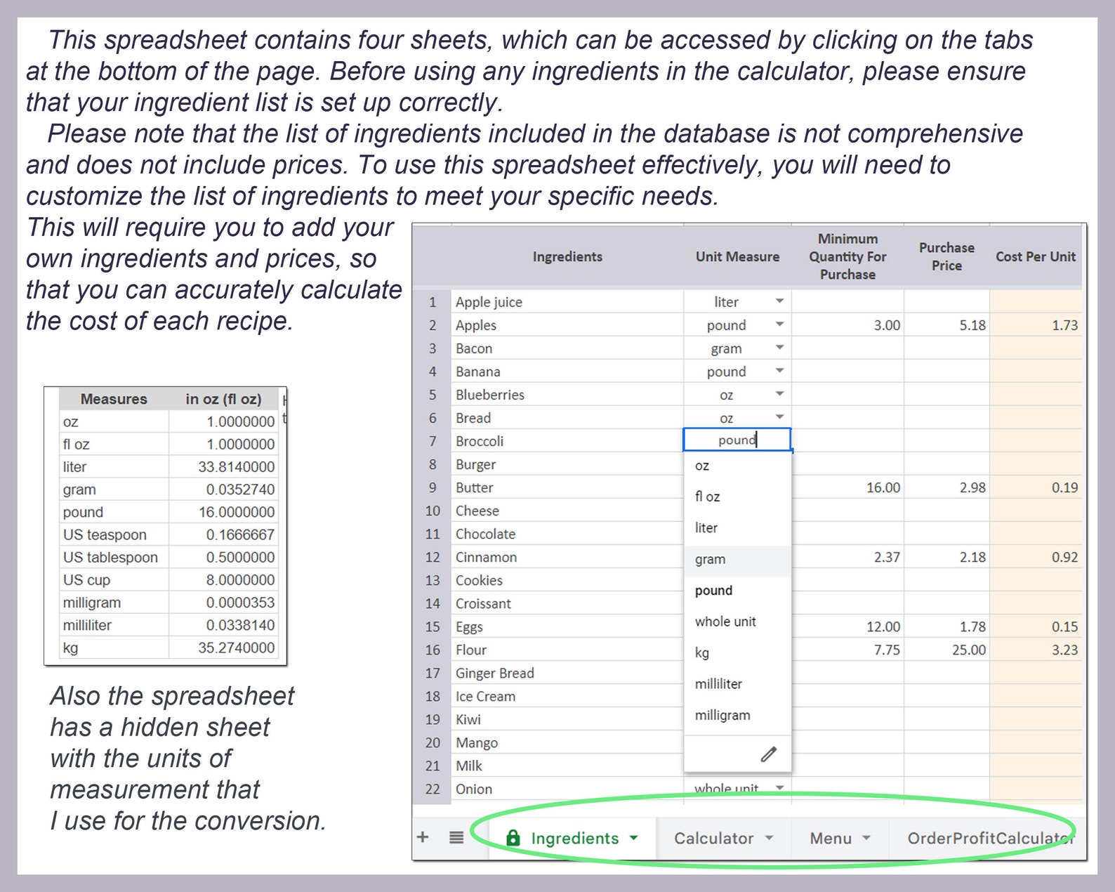 Recipe Cost Calculator Order Profit Template Baking Ingredient Formula ...